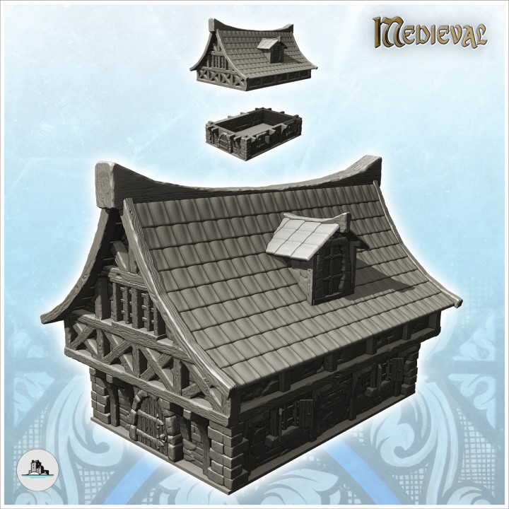 3D Printable Medieval half-timbered building with large pitched roof ...