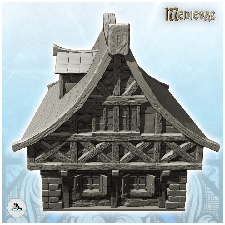3D Printable Medieval half-timbered building with large pitched roof ...