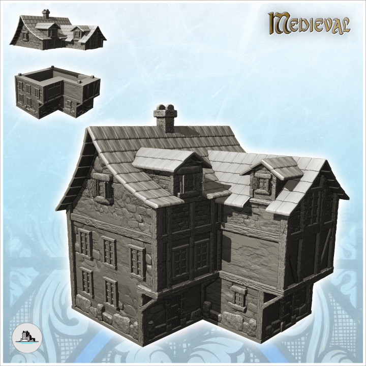 3D Printable Large medieval house with offset storey and pitched roof ...