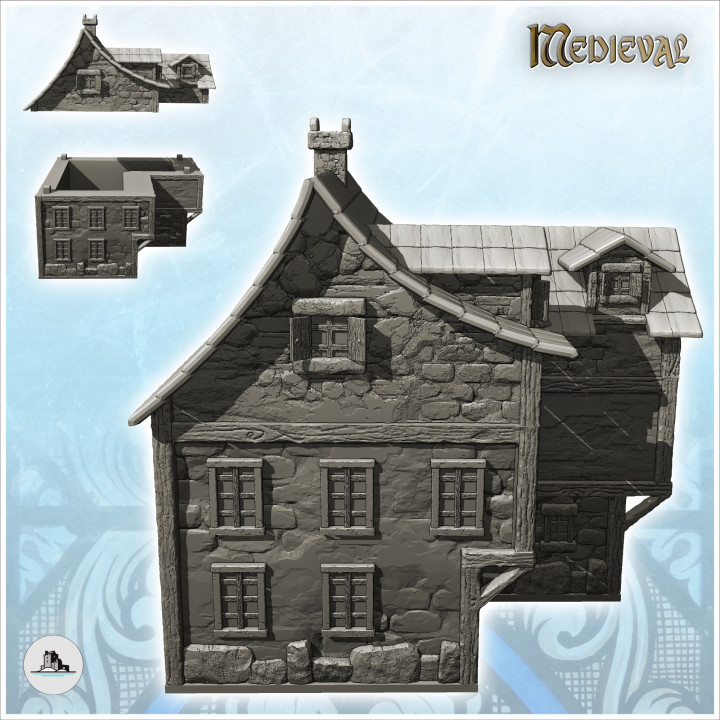 3D Printable Large medieval house with offset storey and pitched roof ...