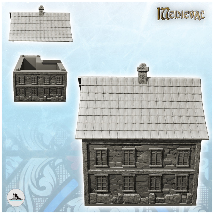 3D Printable Large medieval house with offset storey and pitched roof ...