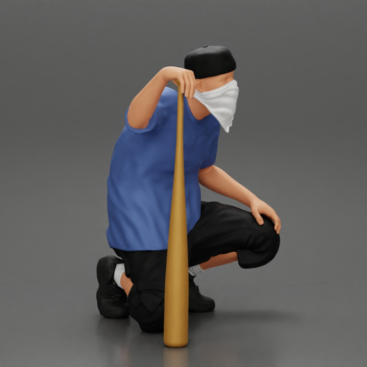 3D Printable gangster homie in mask sitting holding a baseball bat by ...