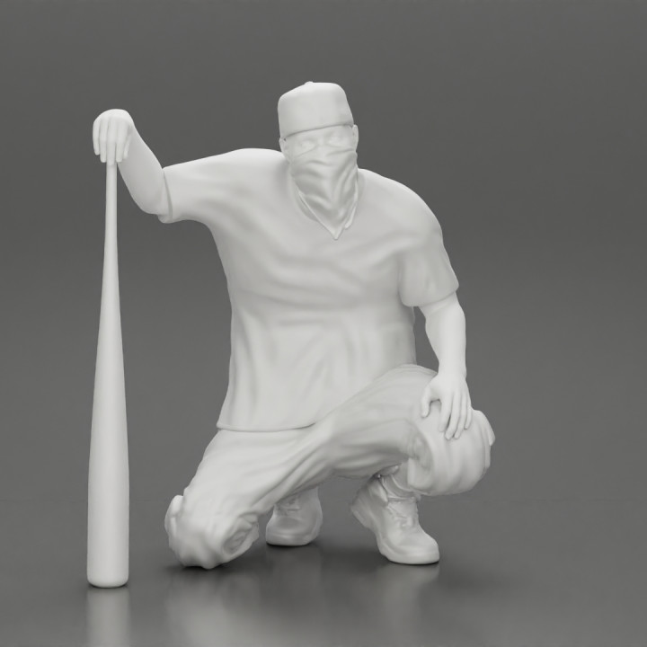 3D Printable gangster homie in mask sitting holding a baseball bat by ...