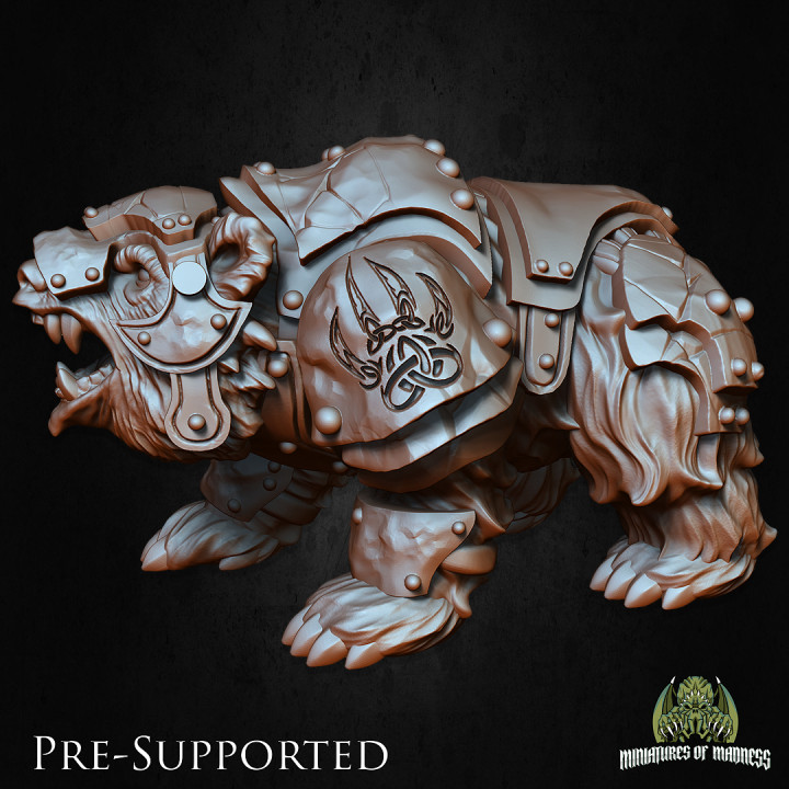 3D Printable Warbear Dwarf Mount [PRE-SUPPORTED] Knight Armored by Miniatures of Madness