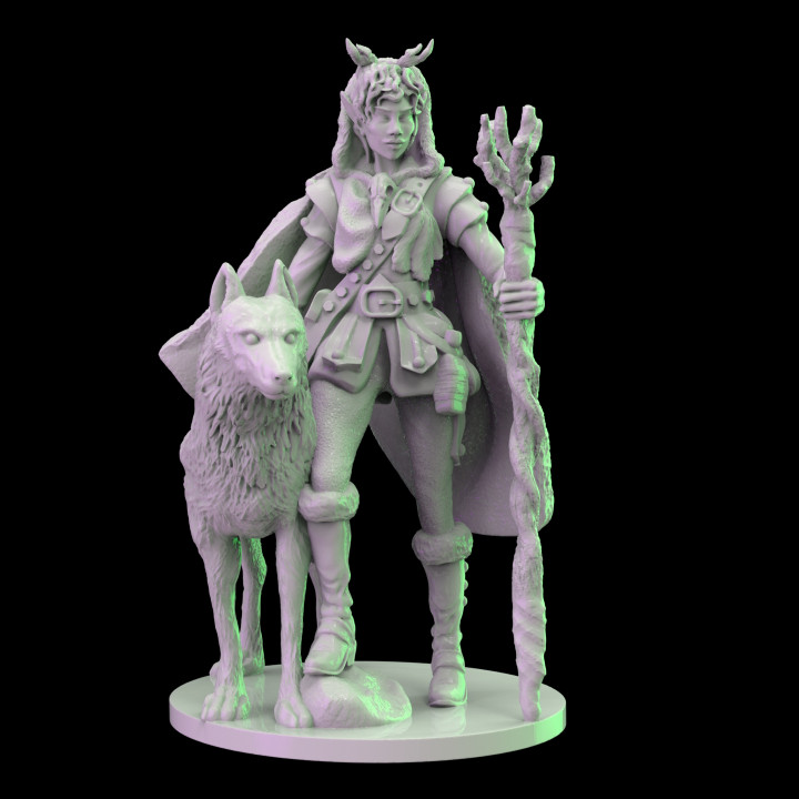 3D Printable Druid and Wolf by Gametee 3d Miniatures