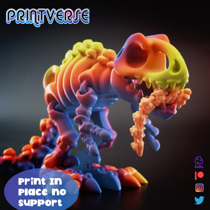 3D Printable Flexy Print In Place Skeletal T-REX by Printverse