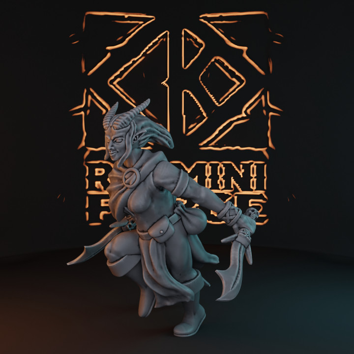 3D Printable Infernal Assassin - Female - Eldritch Tabletop by RPGMINIFORGE