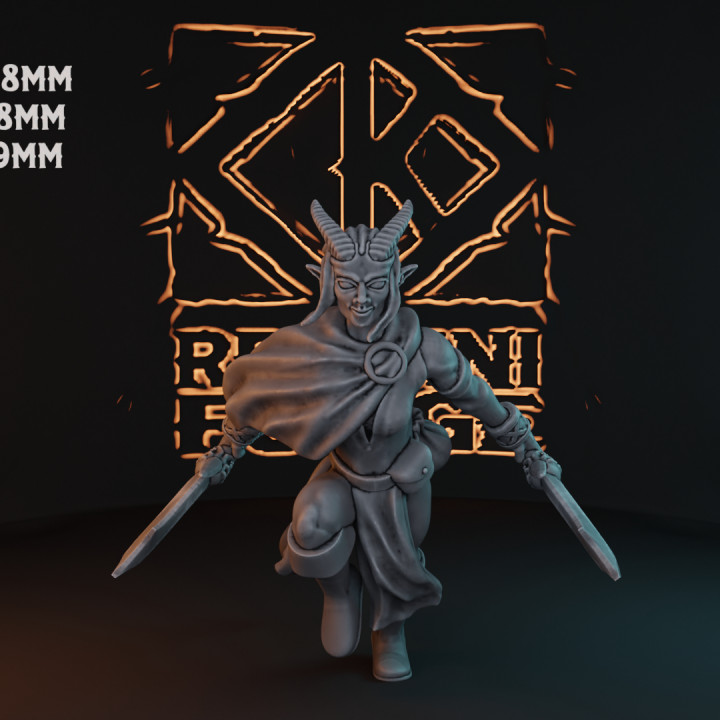 3D Printable Infernal Assassin - Female - Eldritch Tabletop by RPGMINIFORGE