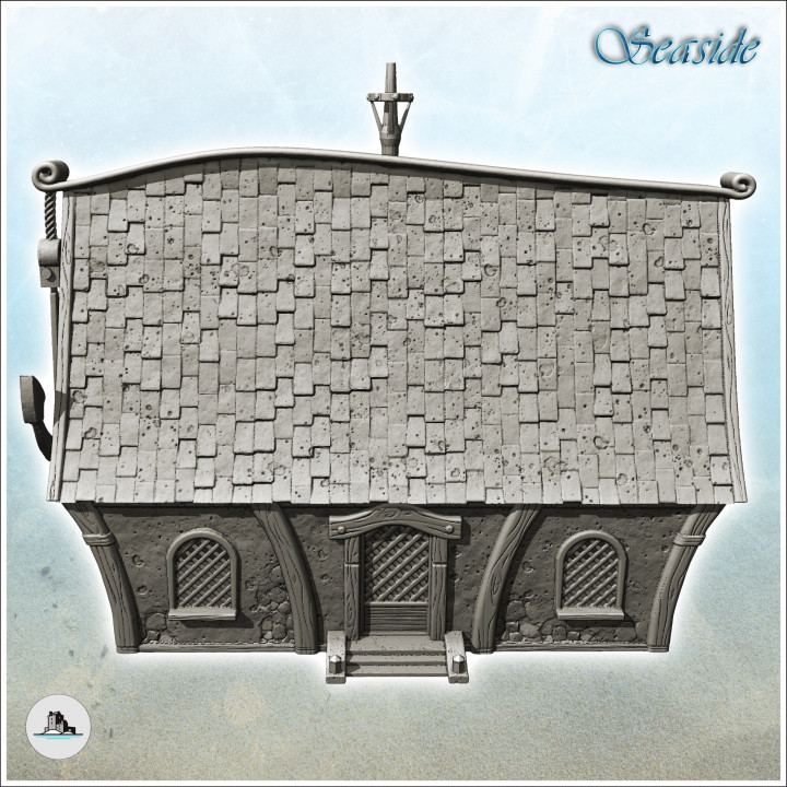 3D Printable Hull-shaped pirate building with large decorative anchor ...