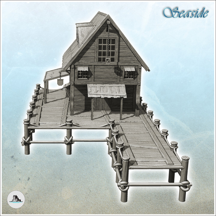 3D Printable Wooden pontoon with multi-storey building, crane and ...