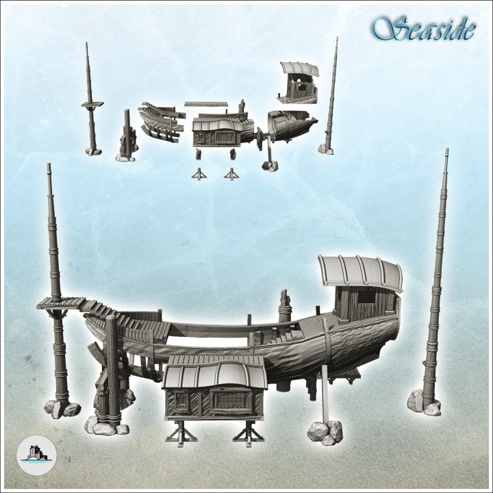 3D Printable Dwelling in wooden boat hull with masts and pontoons (1 ...