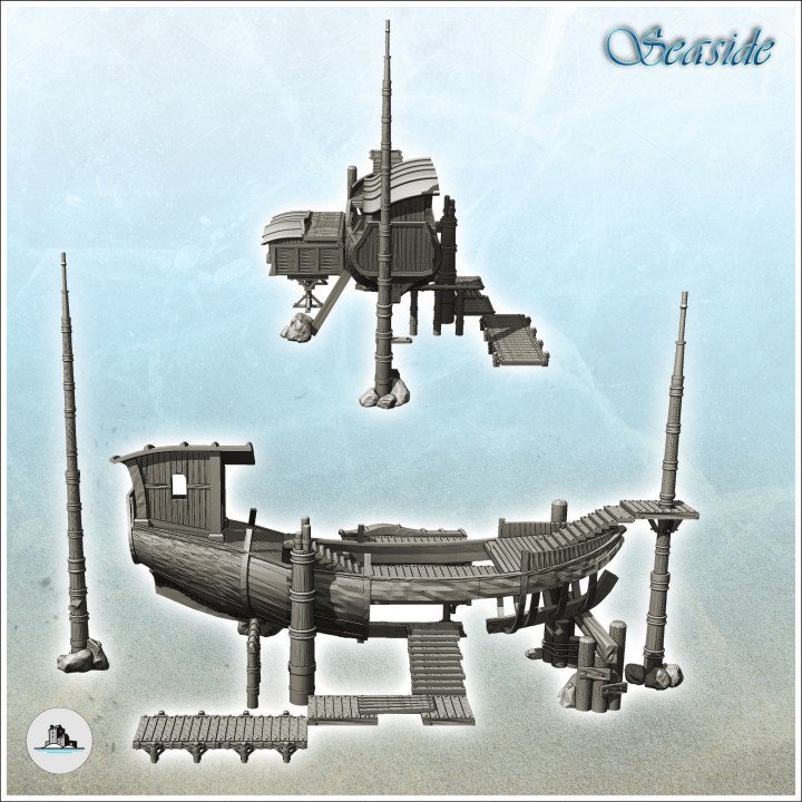 3D Printable Dwelling in wooden boat hull with masts and pontoons (1 ...