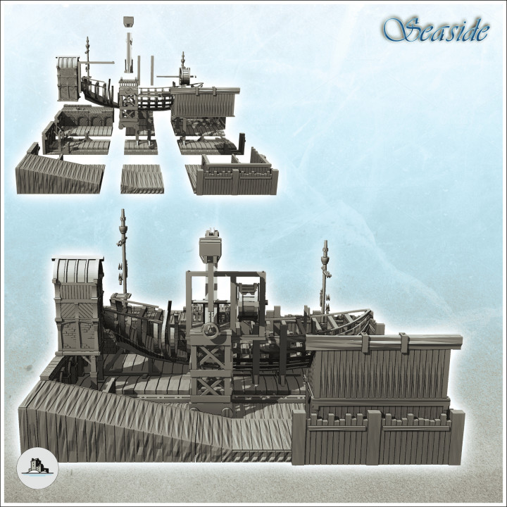 3D Printable Medieval wooden shipyard with boat hull and crane (14 ...