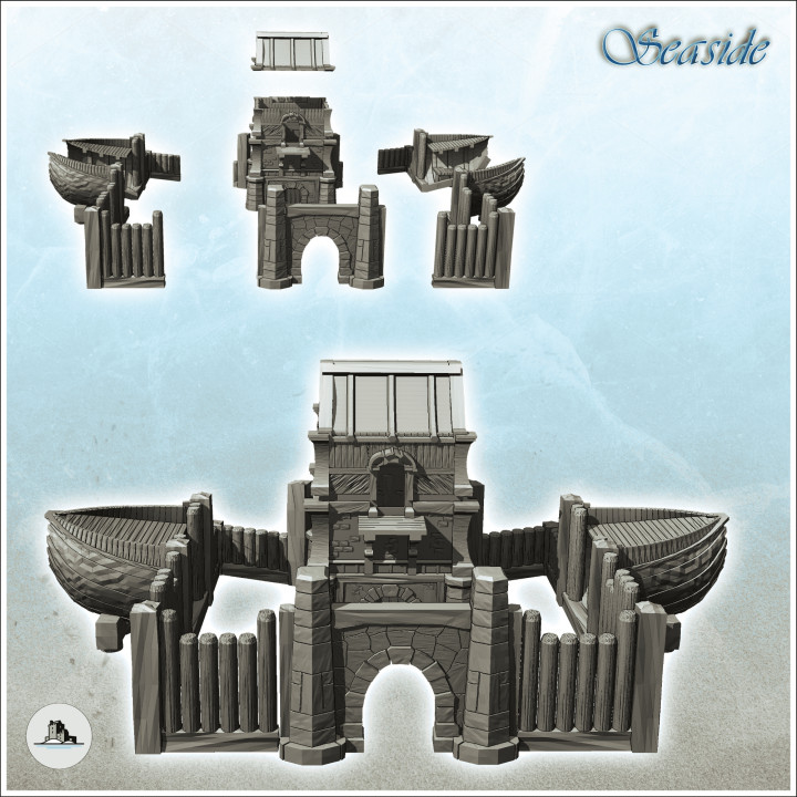 3D Printable Pirate defense post with wooden wall and ship hull (15 ...