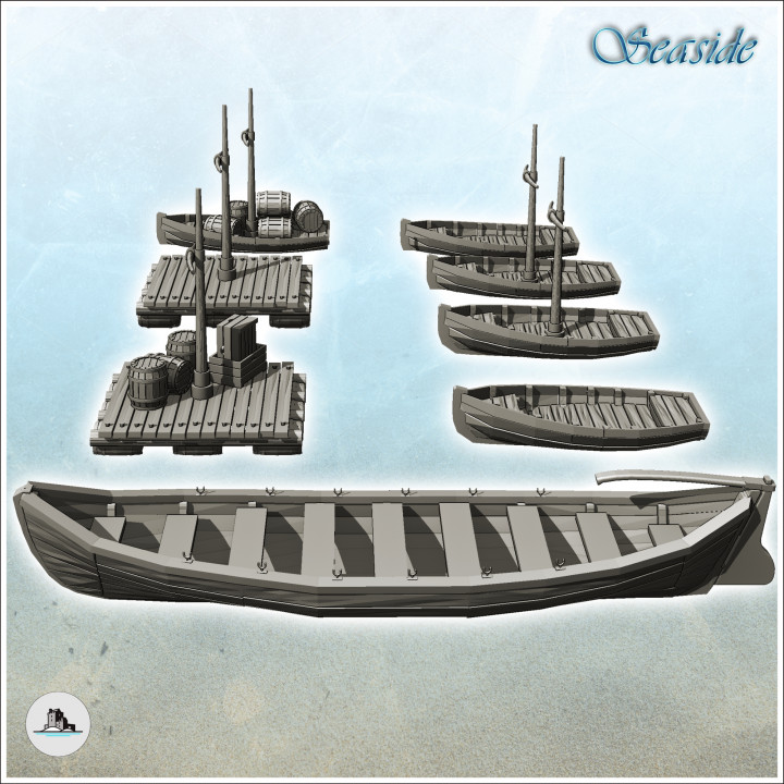 3D Printable Set of medieval wooden boats with rowing boats and rafts ...