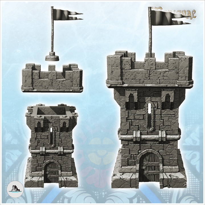 3D Printable Square medieval stone tower with battlements and waving ...