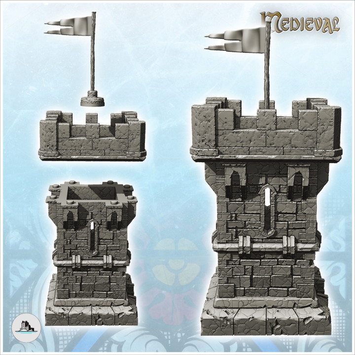 3D Printable Square medieval stone tower with battlements and waving ...