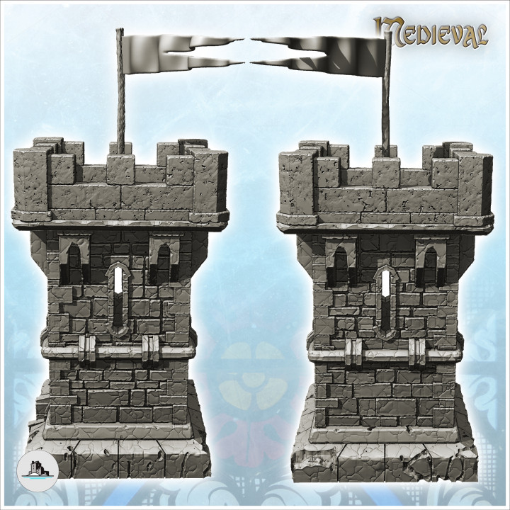 3D Printable Square medieval stone tower with battlements and waving ...