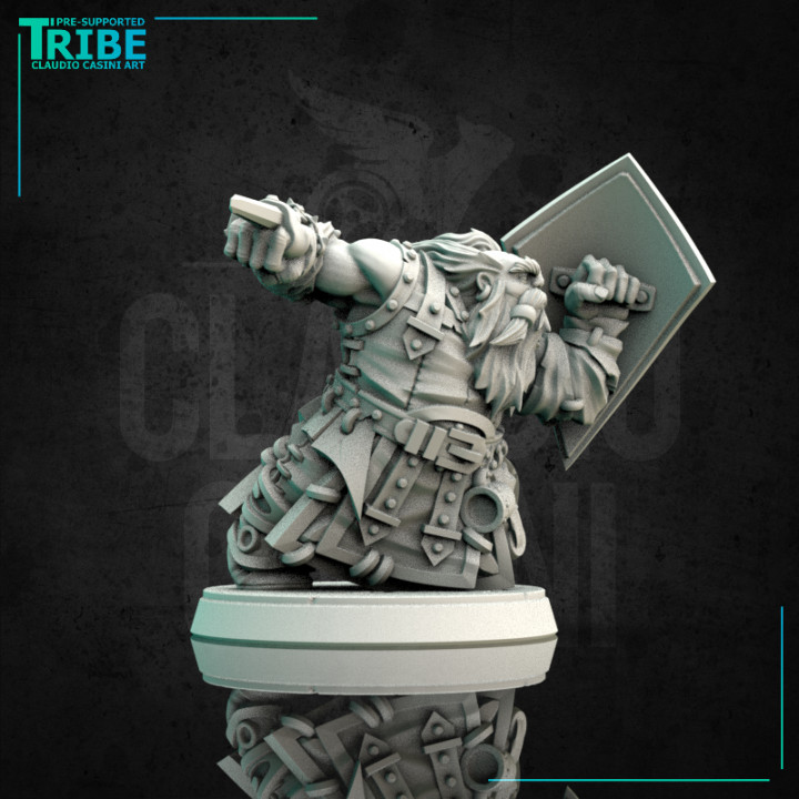 3D Printable (0158) Male dwarf warrior with a shield and an arm-blade ...