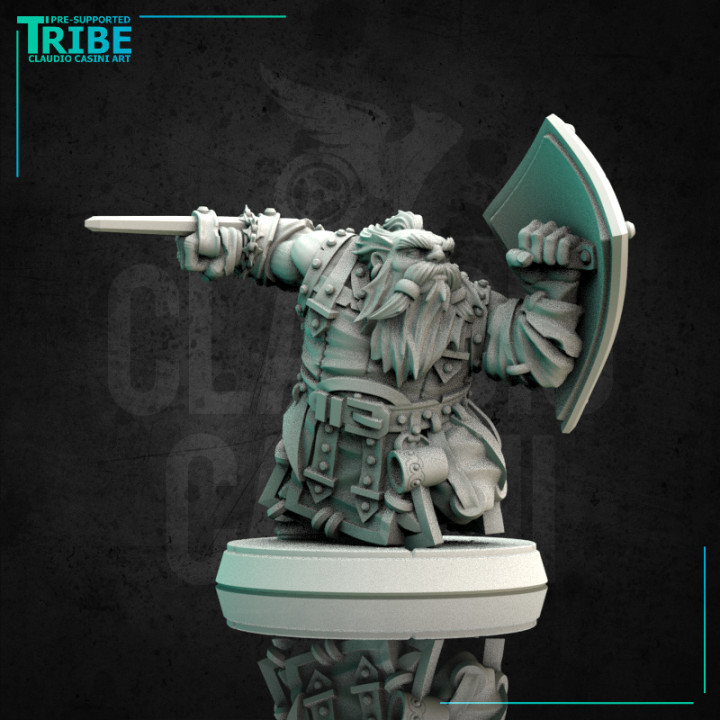 3D Printable (0158) Male dwarf warrior with a shield and an arm-blade ...