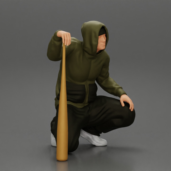 3D Printable gangster homie in hoodie sitting holding a baseball bat by ...
