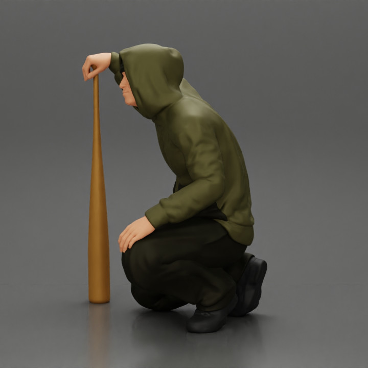 3D Printable gangster homie in hoodie sitting holding a baseball bat by ...