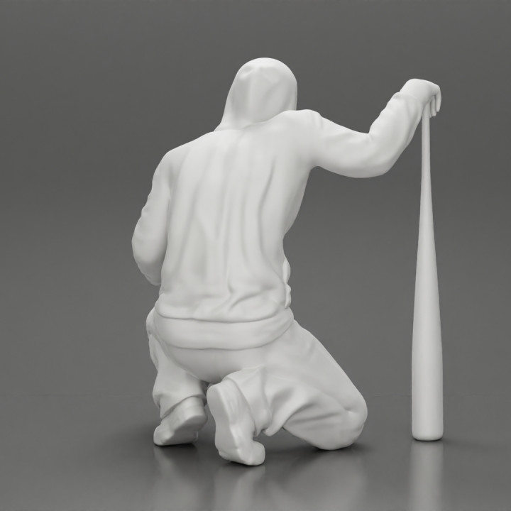 3D Printable gangster homie in hoodie sitting holding a baseball bat by ...