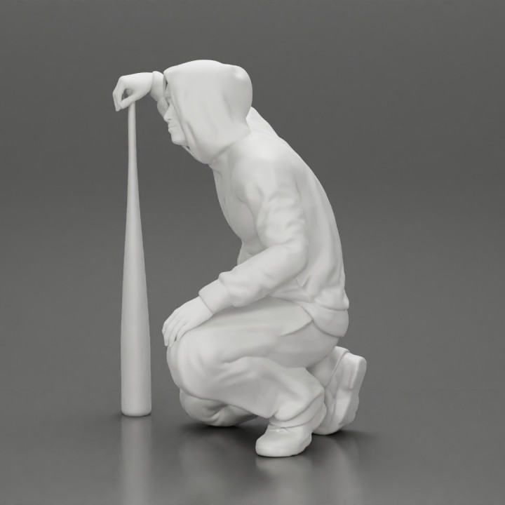 3D Printable gangster homie in hoodie sitting holding a baseball bat by ...