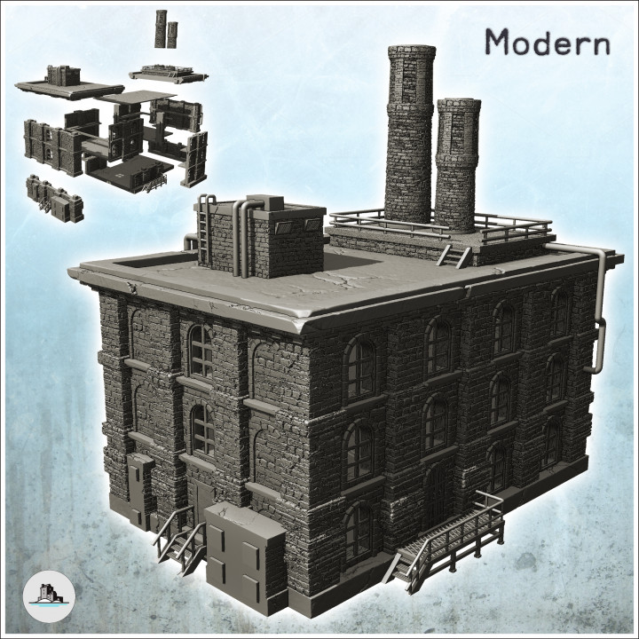 3D Printable Large modern brick industrial factory with flat roof with ...