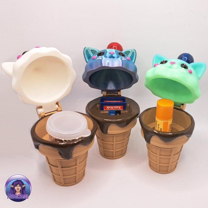 3D Printable Ice Cream Cat Container by MysticSaige