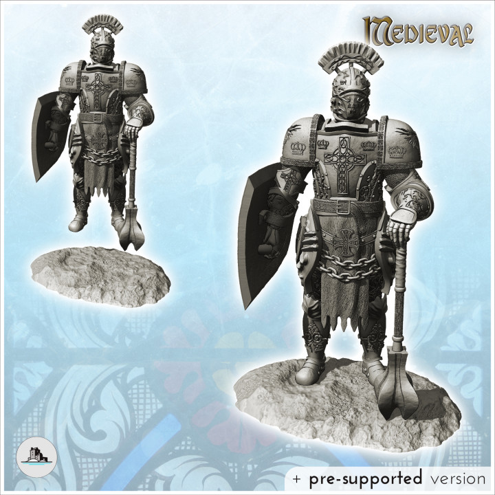 3D Printable Elite infantryman with heavy armor, metal shield and mace ...