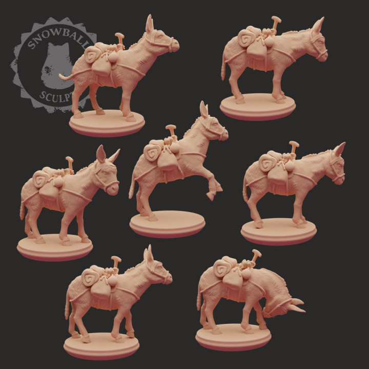 3D Printable Donkey Set (with/without pack) by Snowball Sculpts