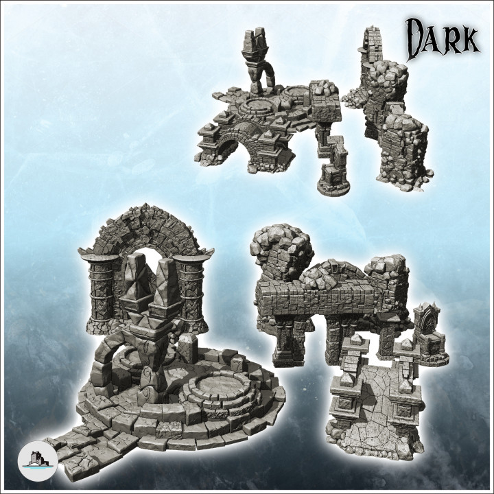 3D Printable Set of stone decorations for dungeon with bridge, throne ...