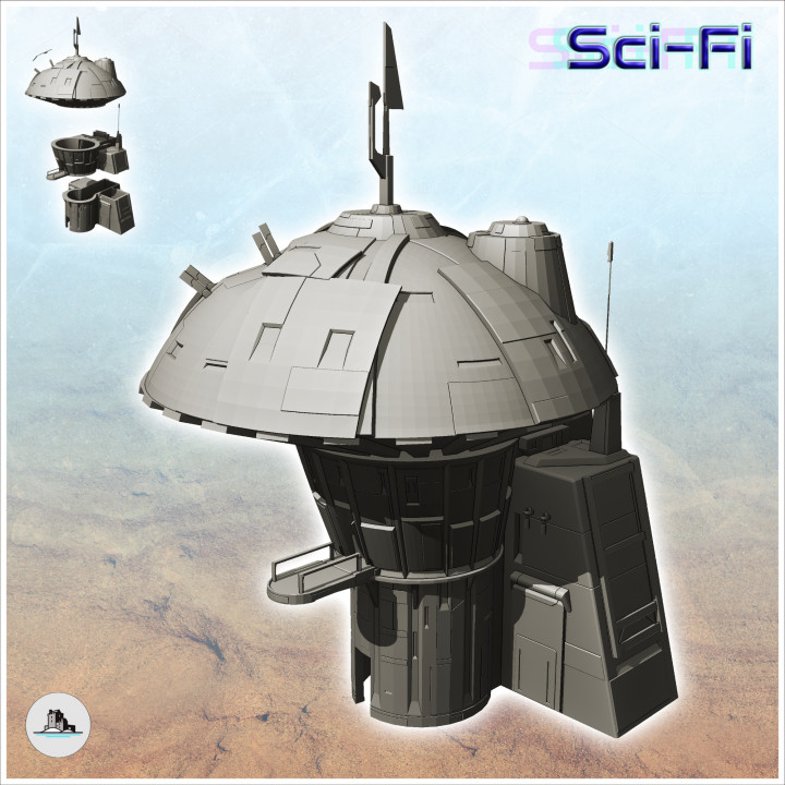 3D Printable Large futuristic building with spherical roof and pontoon ...