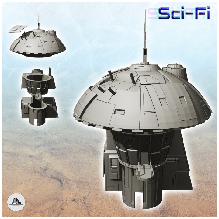 3D Printable Large futuristic building with spherical roof and pontoon ...