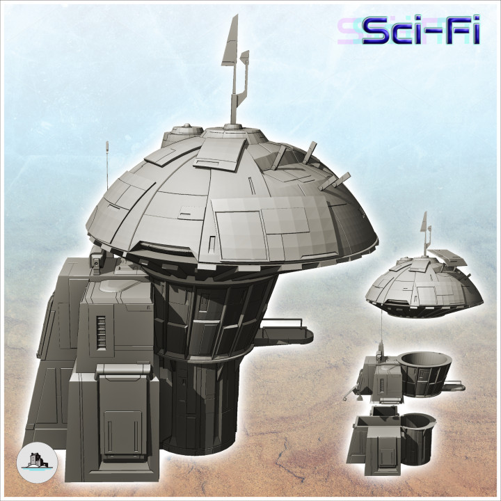 3D Printable Large futuristic building with spherical roof and pontoon ...