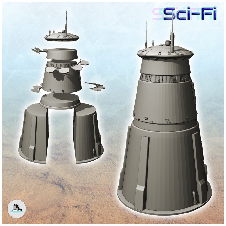 3D Printable Futuristic round cone tower with roof antennas and air ...