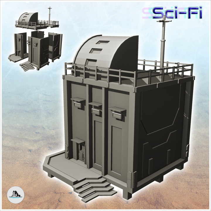 3D Printable Futuristic command post with access staircase and rounded ...