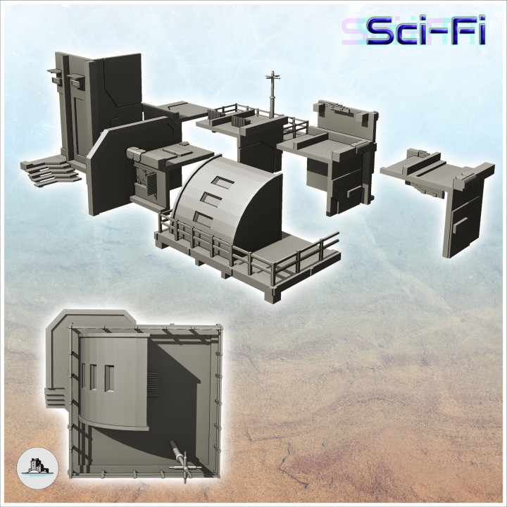3D Printable Futuristic command post with access staircase and rounded ...