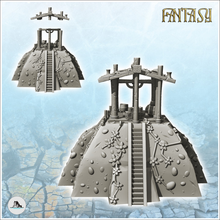 3D Printable Fantastic raised altar with access stairs and wooden roof ...