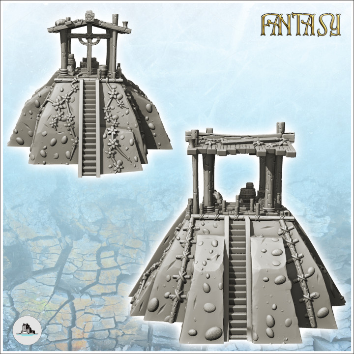 3D Printable Fantastic raised altar with access stairs and wooden roof ...