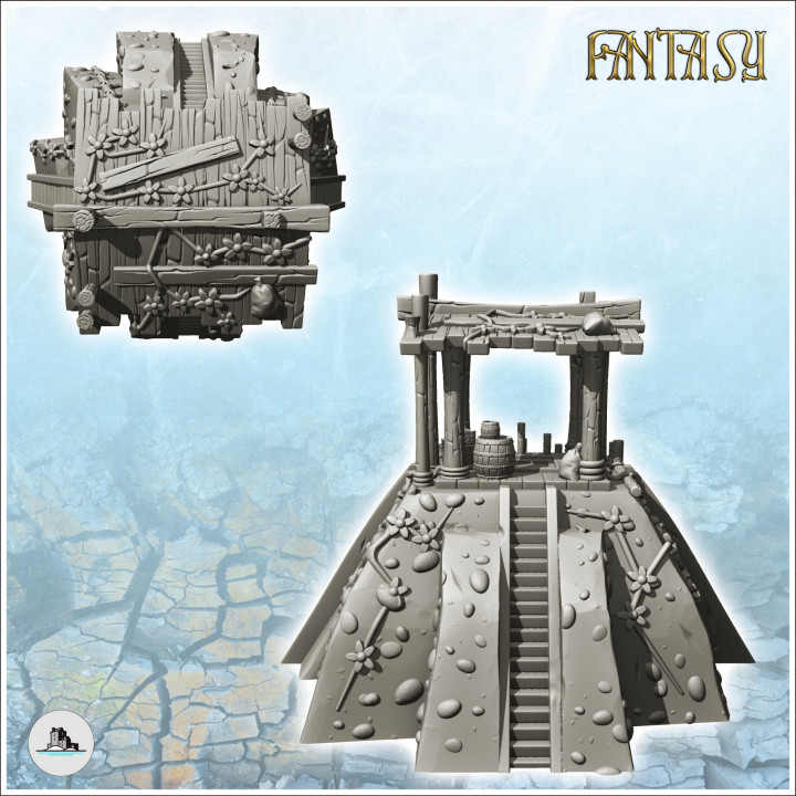 3D Printable Fantastic raised altar with access stairs and wooden roof ...