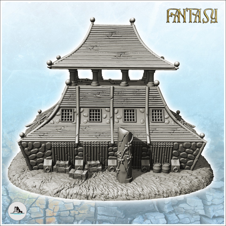 3D Printable Large curved-roof medieval building with upstairs terrace ...