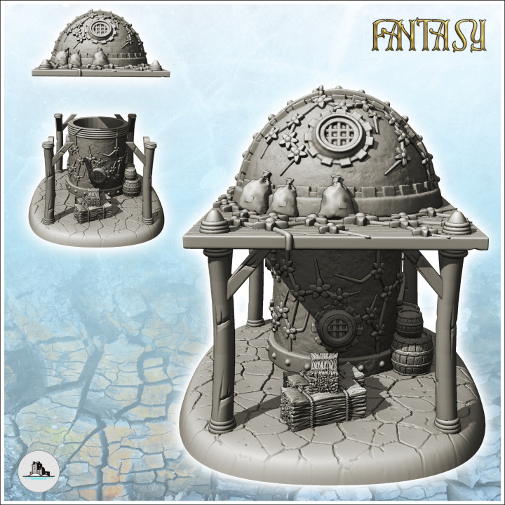 3D Printable Medieval warehouse with large canopy and green spherical ...