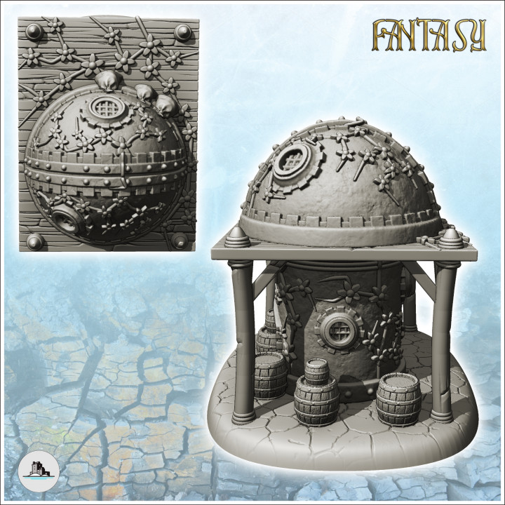 3D Printable Medieval warehouse with large canopy and green spherical ...