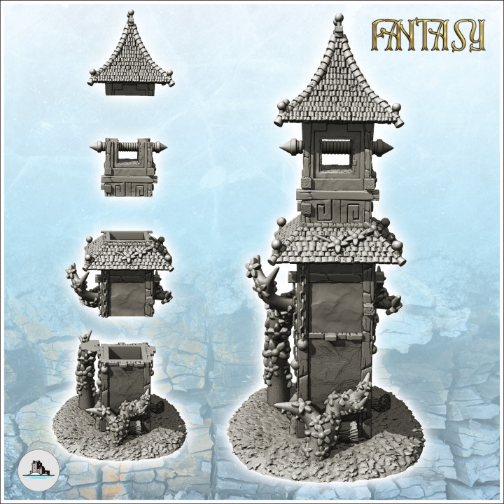 3D Printable Large medieval tower with multiple tiled roofs and plant ...