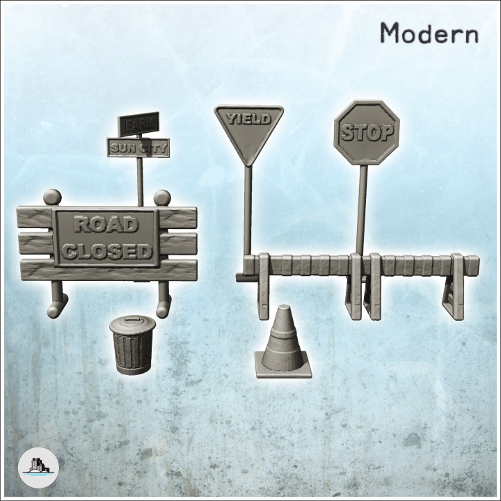 3D Printable Modern roadworks signage set with signs and barriers (11 ...