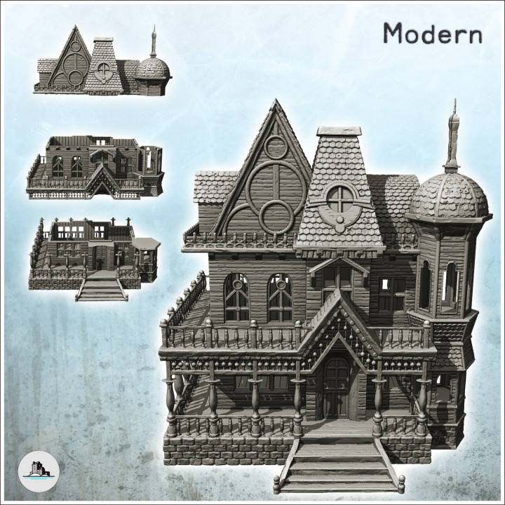 3D Printable Modern spooky manor house with staircase and stone ...