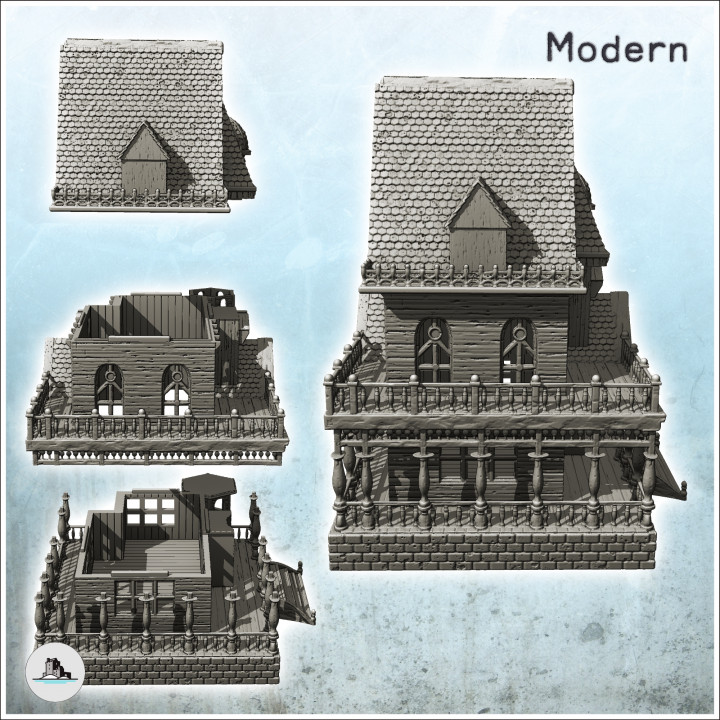 3D Printable Modern spooky manor house with staircase and stone ...