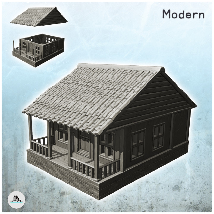3D Printable Modern house with platform front terrace and tiled roof ...